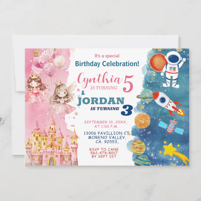 Sibling Princess and Outer Space Joint Birthday Invitation | Zazzle