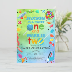 Siblings candy sweet one sweet two boys invite. invitation | Zazzle