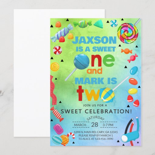 Siblings candy sweet one sweet two boys invite. invitation | Zazzle