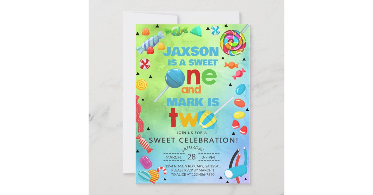 Siblings candy sweet one sweet two boys invite. invitation | Zazzle