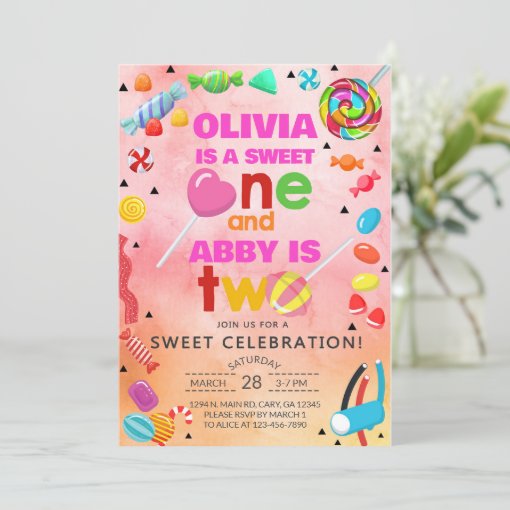 Siblings candy sweet one sweet two girls invite. i invitation | Zazzle