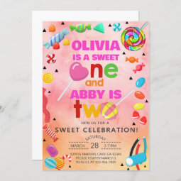 Siblings candy sweet one sweet two girls invite. i invitation | Zazzle