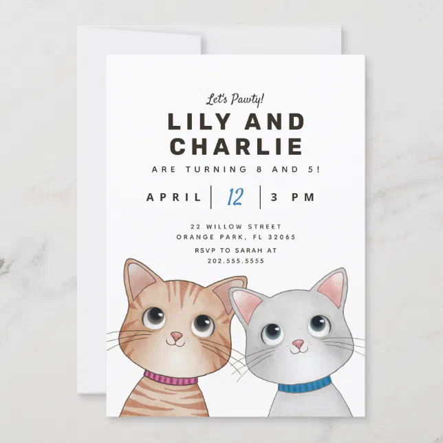 Siblings duo birthday party with two kittens invi invitation | Zazzle