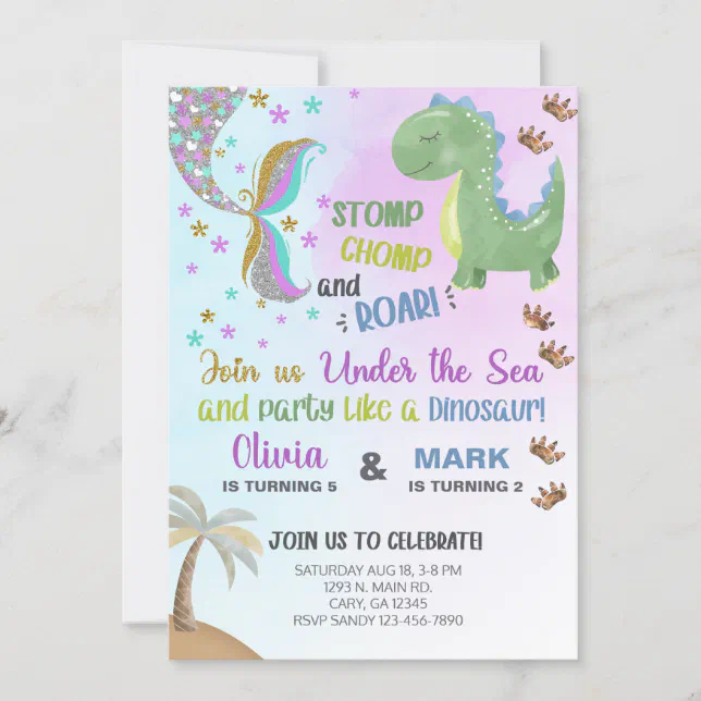 Siblings mermaid and dinosaur birthday invite. invitation | Zazzle