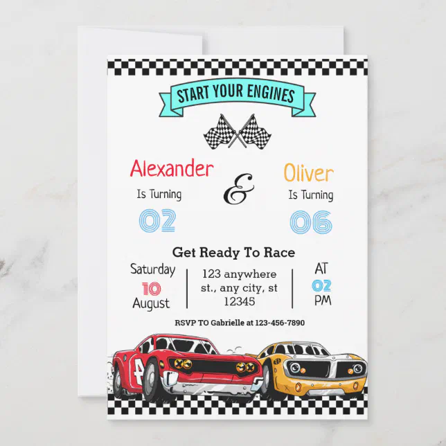 Siblings Retro Racing Car Birthday Invitation | Zazzle