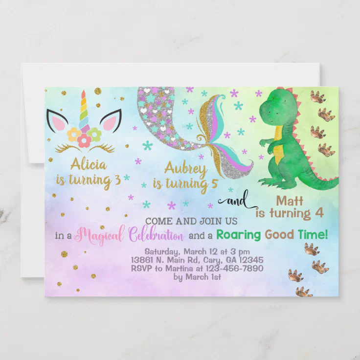 Siblings unicorn, mermaid & dinosaur invitation. invitation | Zazzle