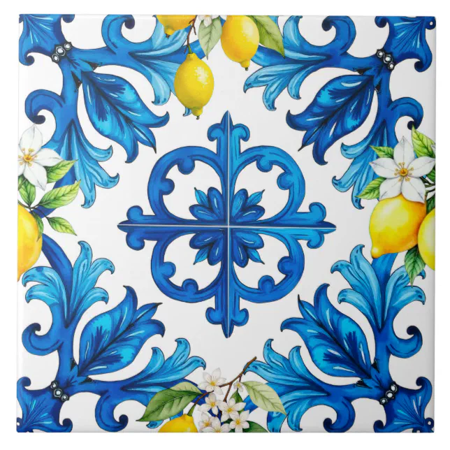 Sicilian,summer,lemon,mosaic,blue ceramic tile | Zazzle