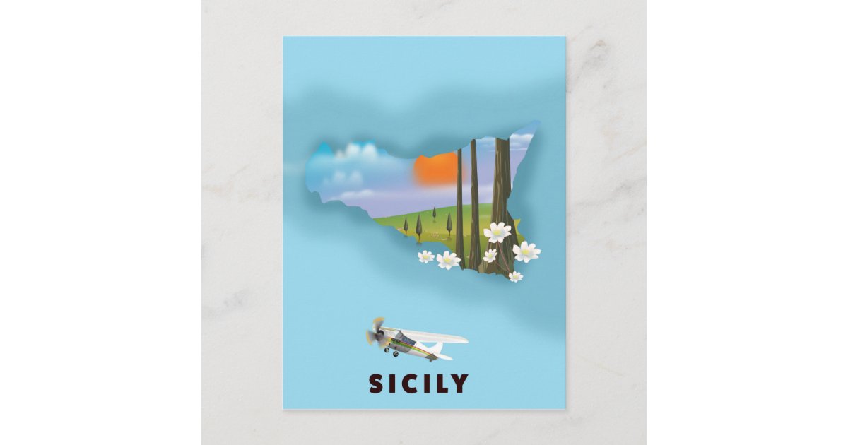 Sicily Illustrated map travel poster Postcard | Zazzle