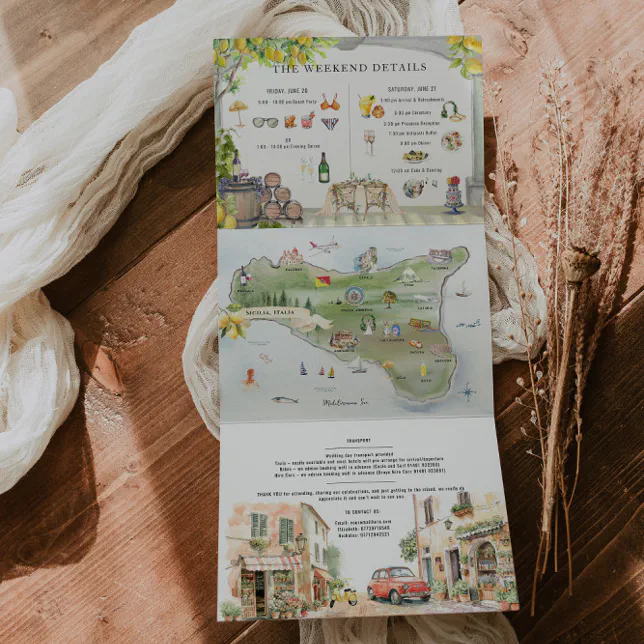 Sicily Italy | Mediterranean Itinerary Map Tri-Fold Invitation | Zazzle