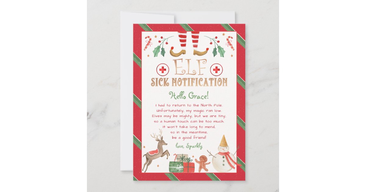Sick Notice from Elf Sick Notify Personalize Invitation | Zazzle