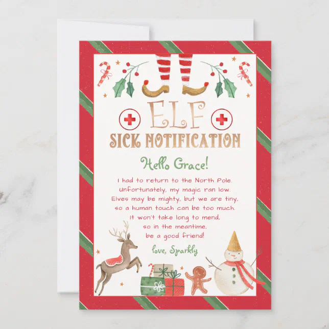 Sick Notice from Elf Sick Notify Personalize Invitation | Zazzle