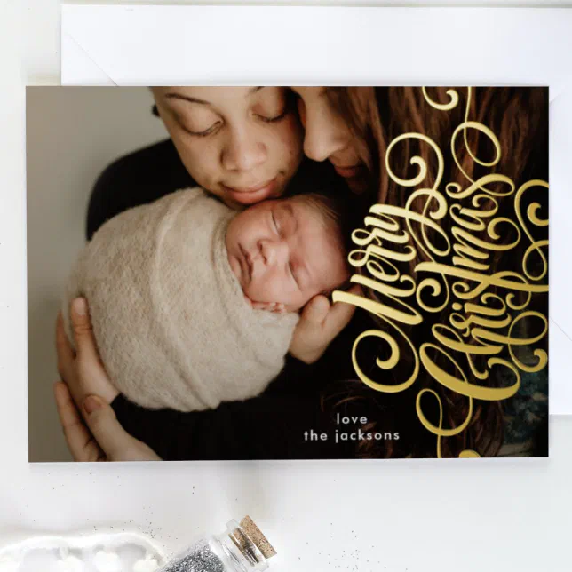 Side Calligraphy Merry Christmas Gold Photo Foil Holiday Card | Zazzle