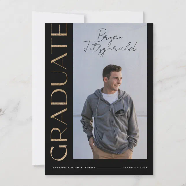 Side Text Modern Black and Gold Grad Announcement | Zazzle