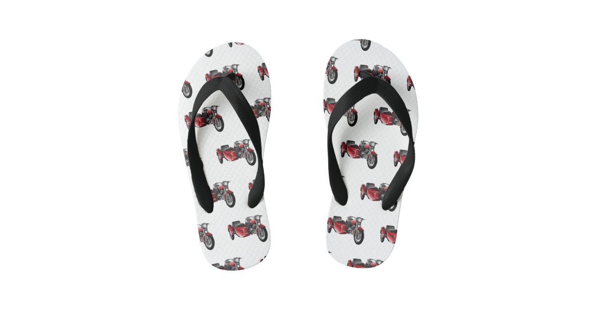 Sidecar motorcycle cartoon illustration kid's flip flops | Zazzle