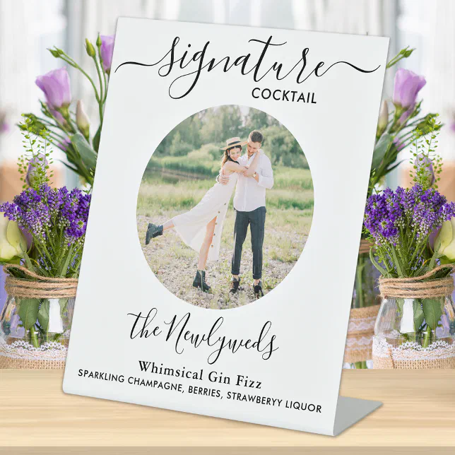 Signature Cocktail Custom Photo Wedding Drink Bar Pedestal Sign | Zazzle