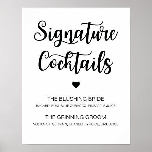 Signature Cocktail Wedding Sign Modern Calligraphy | Zazzle