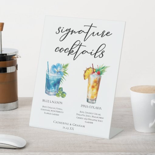 Signature Cocktails Beach Wedding Menu Pedestal Sign | Zazzle
