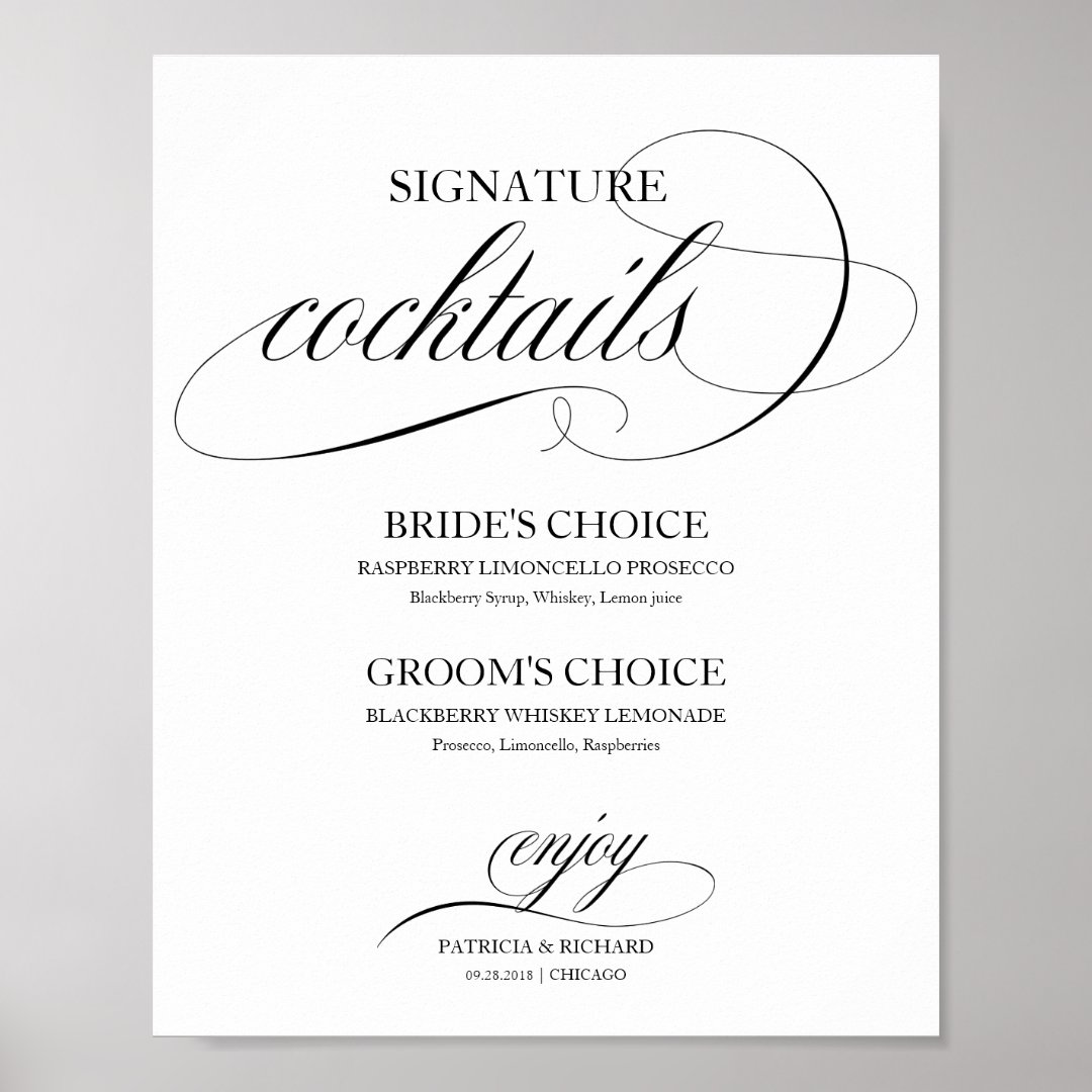 Signature Cocktails Black Script Poster | Zazzle