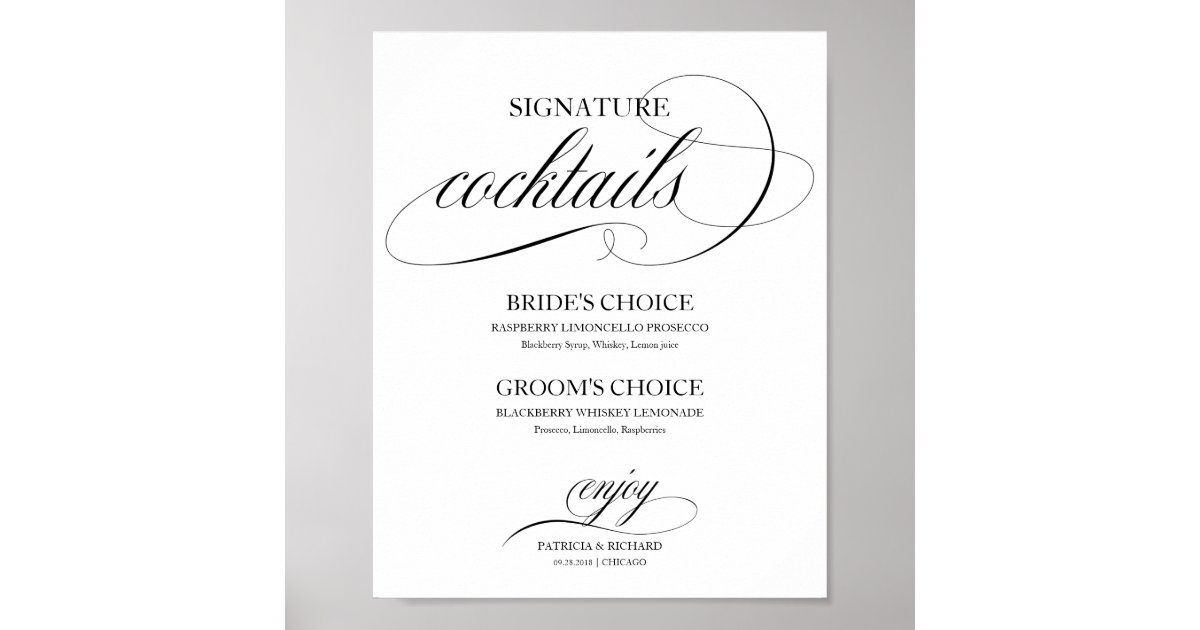 Signature Cocktails Black Script Poster | Zazzle