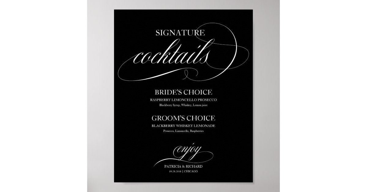Signature Cocktails Black White Wedding Sign | Zazzle