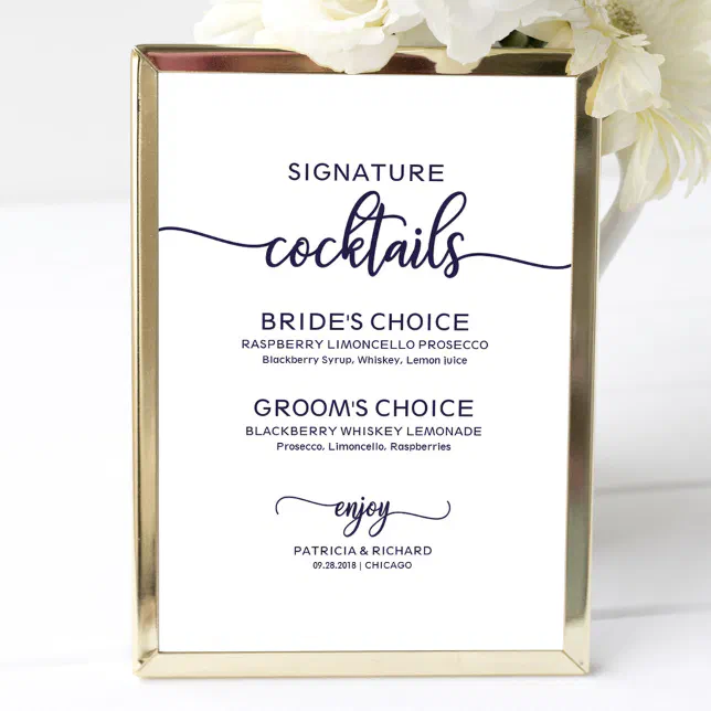 Signature Cocktails Chic Navy Blue Wedding Sign | Zazzle