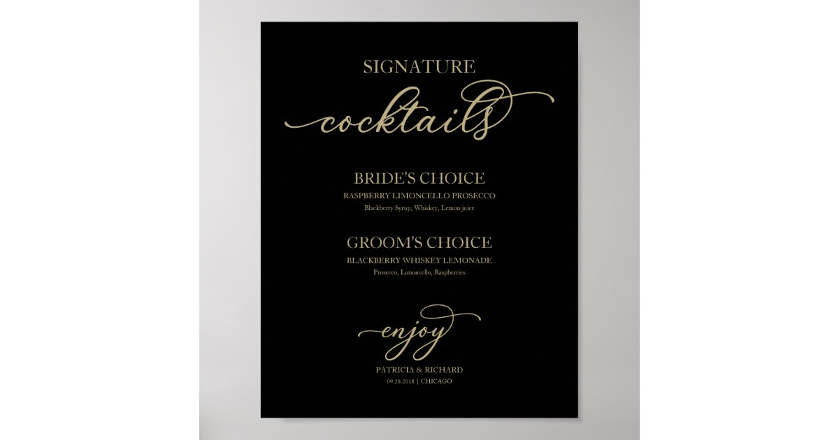 Signature Cocktails Gold Script Black Sign | Zazzle