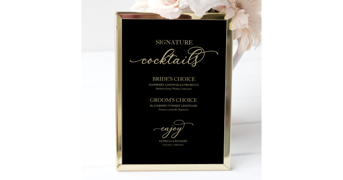 Signature Cocktails Gold Script Black Sign | Zazzle