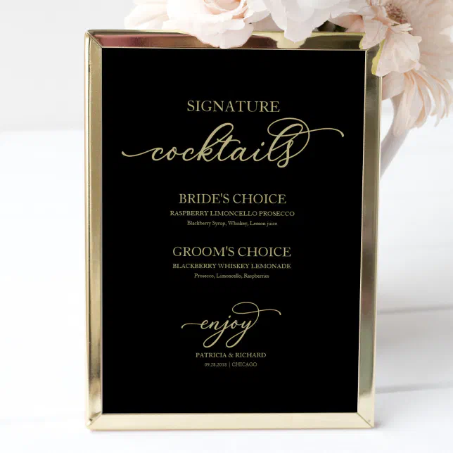 Signature Cocktails Gold Script Black Sign | Zazzle