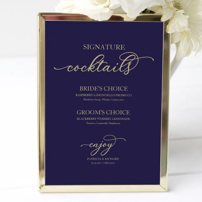 Signature Cocktails Gold Script Navy Blue Sign | Zazzle