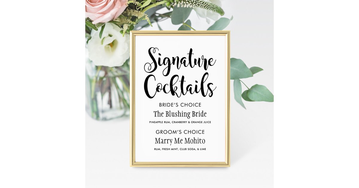 Signature Cocktails Modern Black Script Wedding | Zazzle