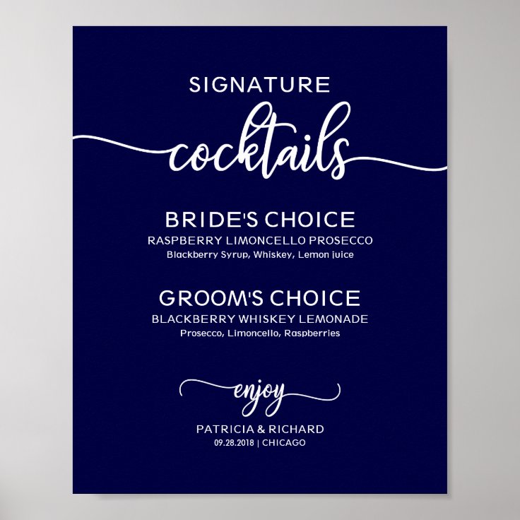 Signature Cocktails Navy Blue Wedding Sign | Zazzle