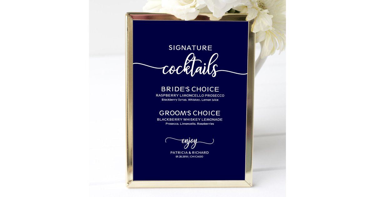 Signature Cocktails Navy Blue Wedding Sign | Zazzle
