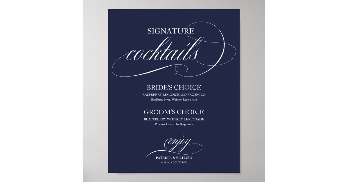 Signature Cocktails Navy Blue Wedding Sign | Zazzle