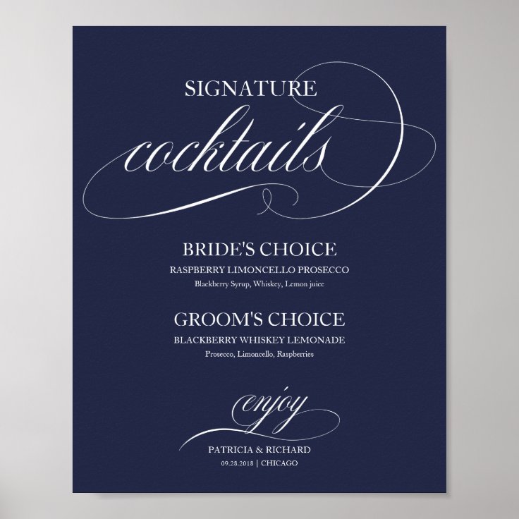 Signature Cocktails Navy Blue Wedding Sign | Zazzle