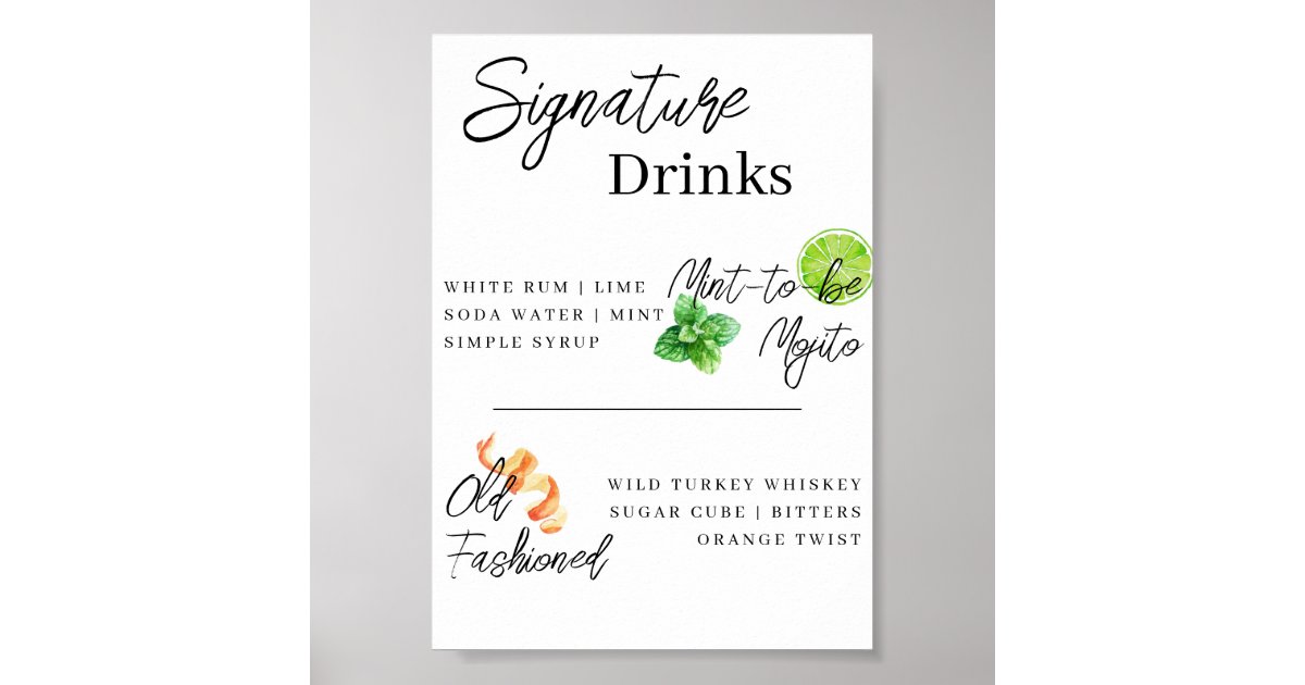 Signature Drink Bar Menu Poster | Zazzle