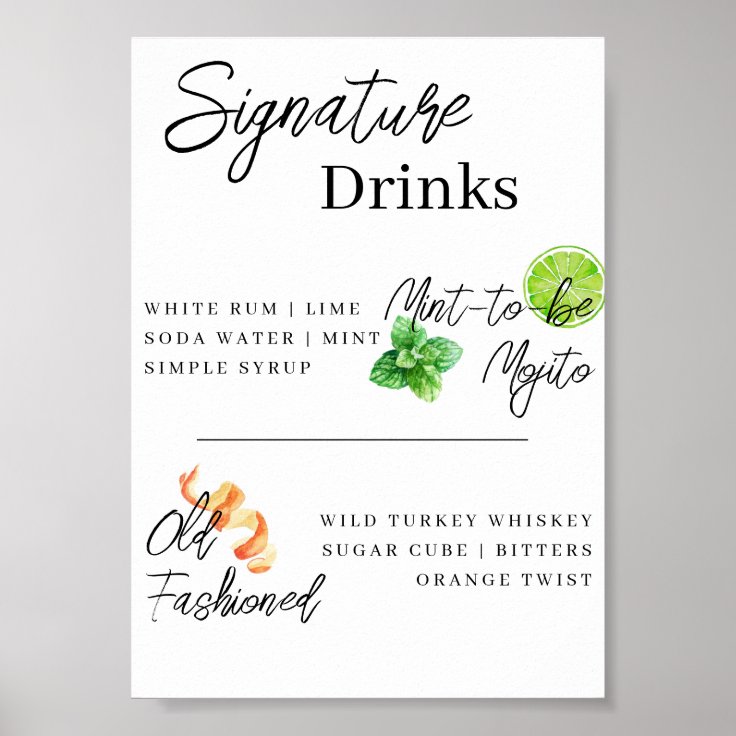 Signature Drink Bar Menu Poster | Zazzle