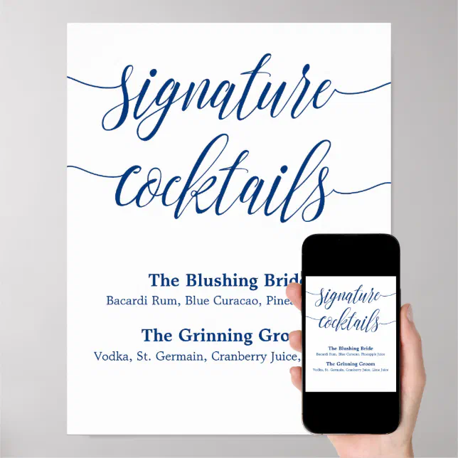 Signature Drink Wedding Sign Navy Blue Calligraphy | Zazzle