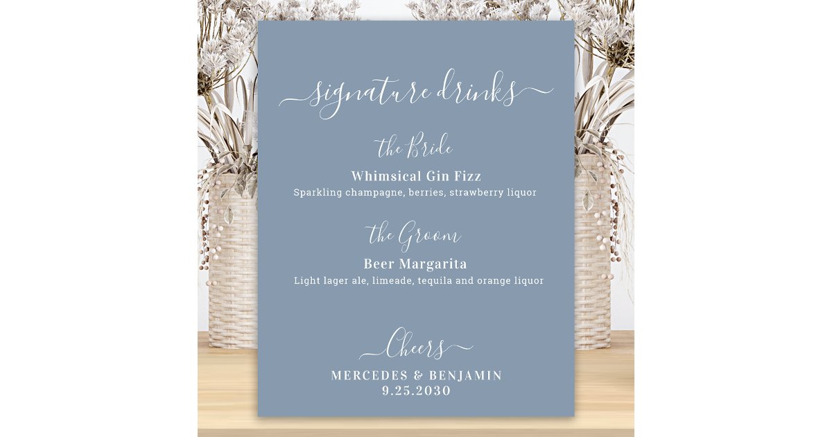 Signature Drinks Custom Dusty Blue Wedding Bar Foam Board | Zazzle