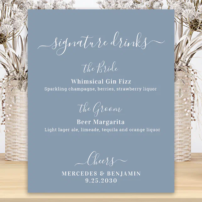 Signature Drinks Custom Dusty Blue Wedding Bar Poster | Zazzle