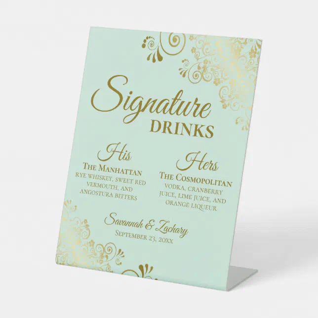 Signature Drinks Elegant Mint Green & Gold Wedding Pedestal Sign | Zazzle