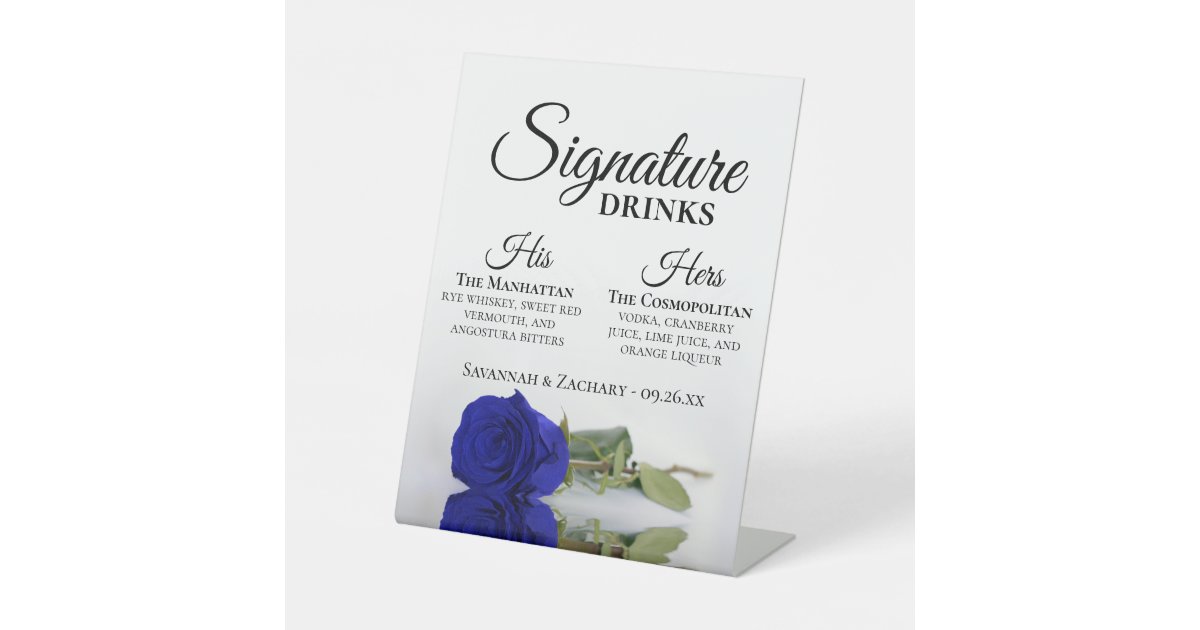 Signature Drinks Elegant Royal Blue Rose Wedding Pedestal Sign | Zazzle