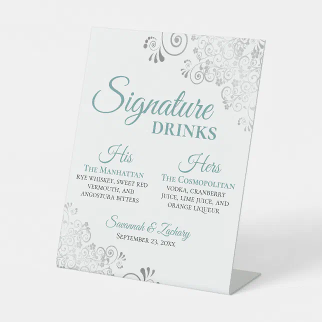 Signature Drinks Elegant Teal & Silver Wedding Pedestal Sign | Zazzle