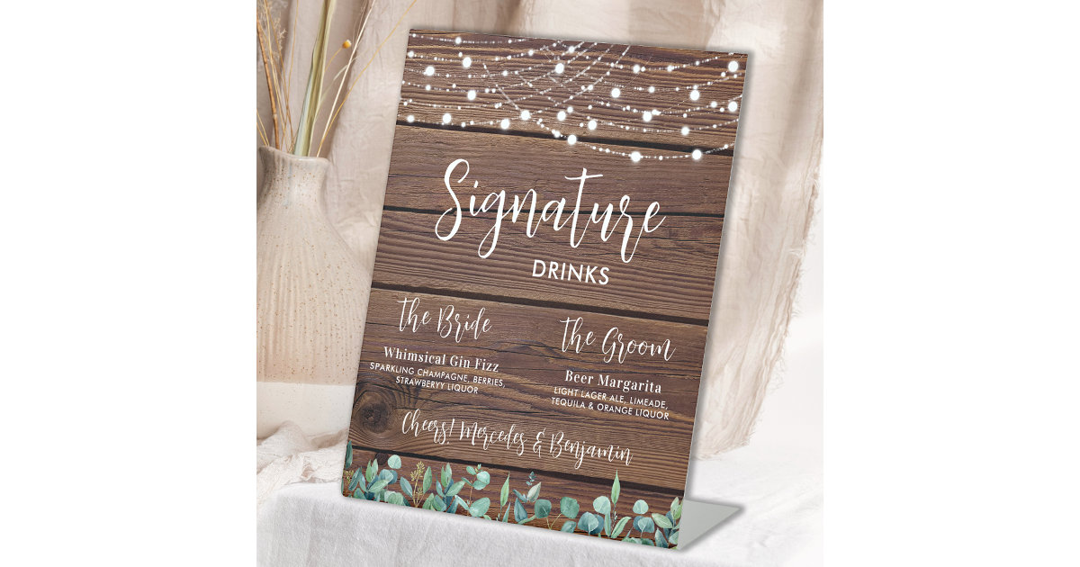 Signature Drinks Greenery String Lights Wedding Pedestal Sign | Zazzle