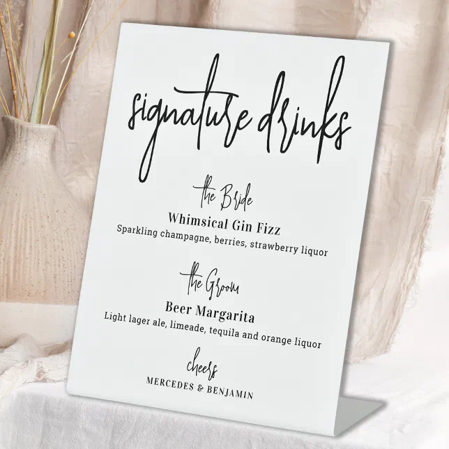 Signature Drinks Modern Calligraphy Wedding Bar Pedestal Sign | Zazzle