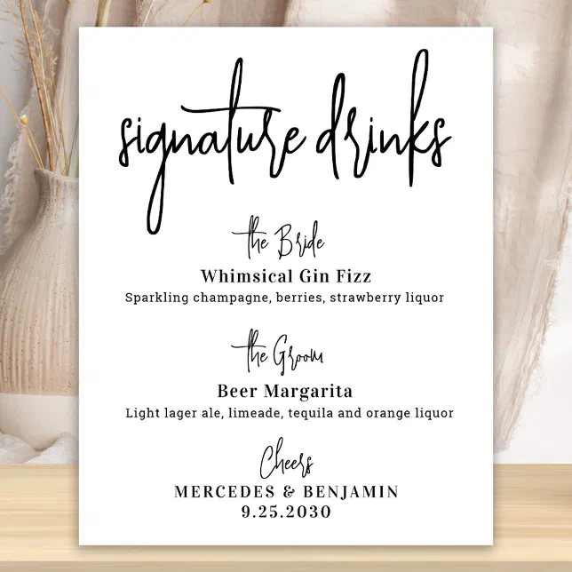 Signature Drinks Modern Calligraphy Wedding Bar Poster | Zazzle