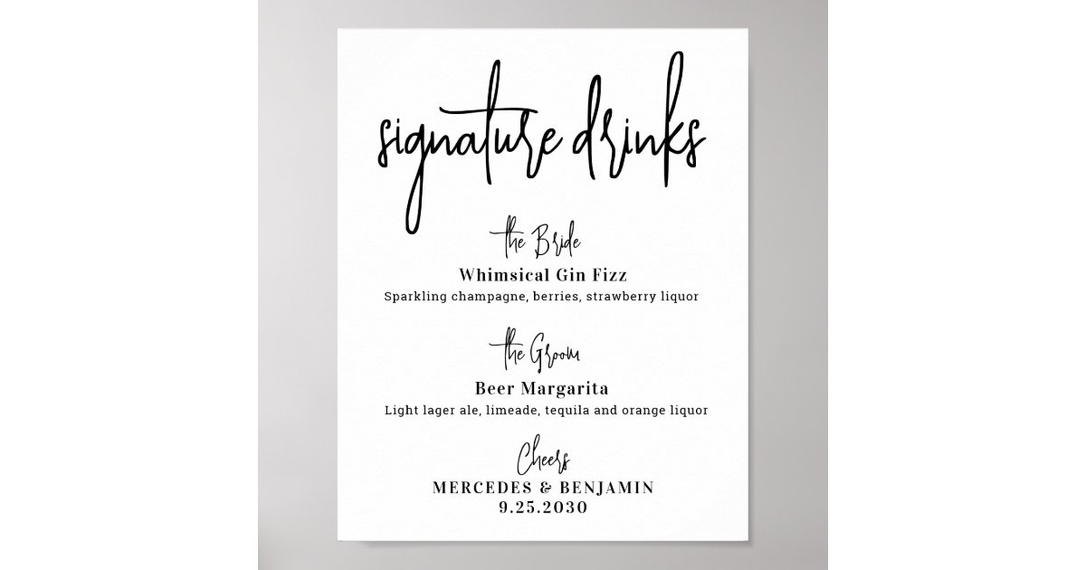 Signature Drinks Modern Calligraphy Wedding Bar Poster Zazzle