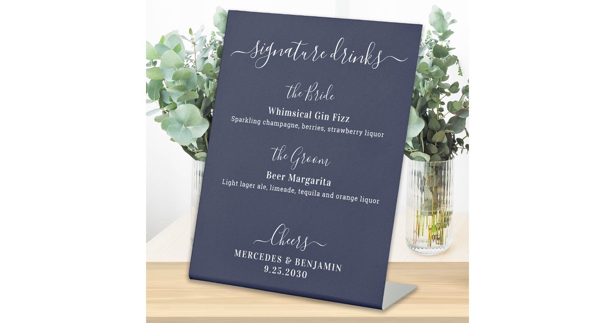 Signature Drinks Personalize Navy Blue Wedding Bar Pedestal Sign | Zazzle