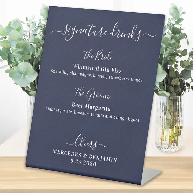 Signature Drinks Personalize Navy Blue Wedding Bar Pedestal Sign | Zazzle