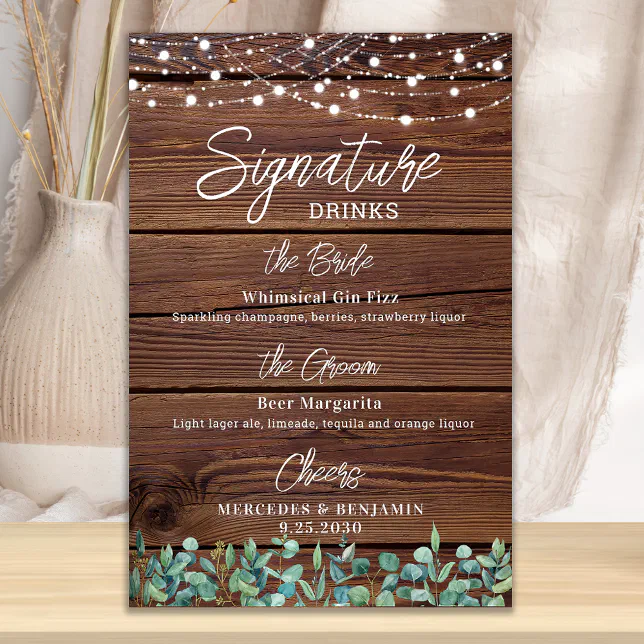 Signature Drinks String Lights Custom Wedding Bar Poster | Zazzle