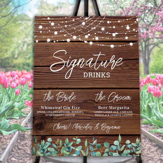 Signature Drinks String Lights Eucalyptus Wedding Foam Board | Zazzle